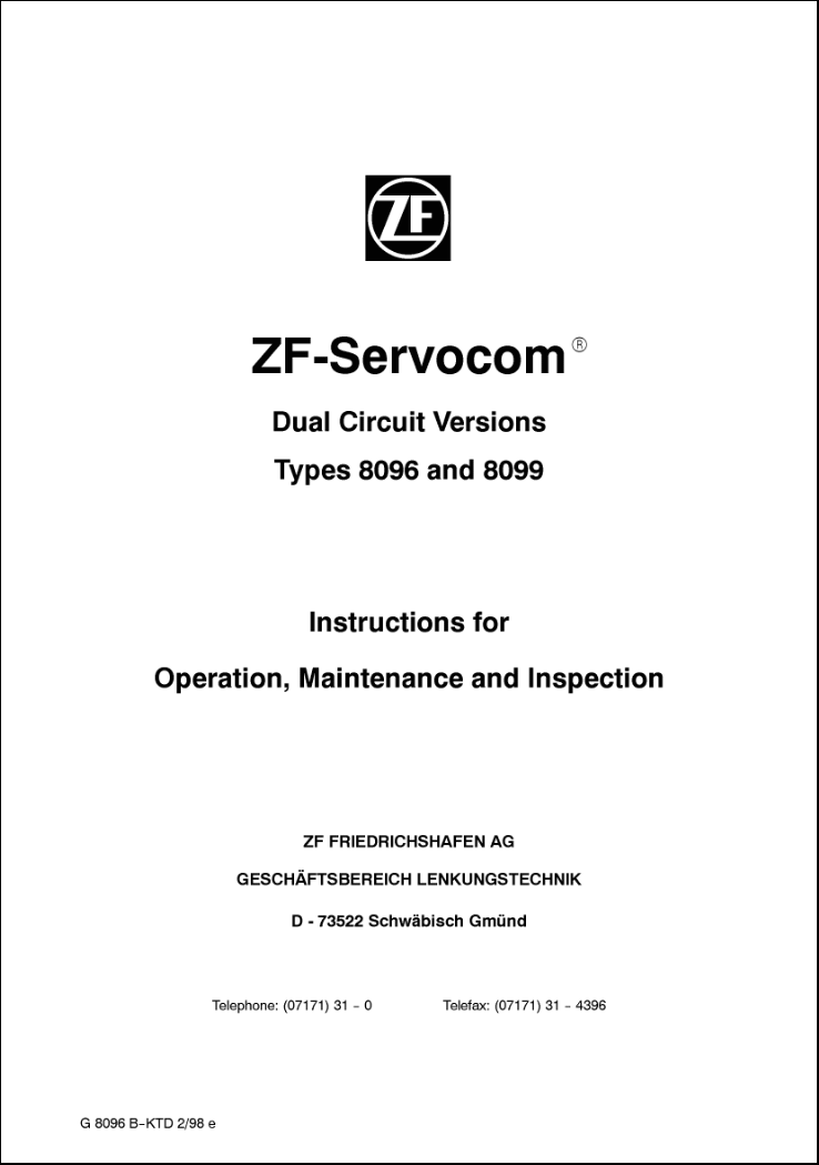 ZF Servocom Types 8096 and 8099 Dual Circuit Versions, Instruction for ...